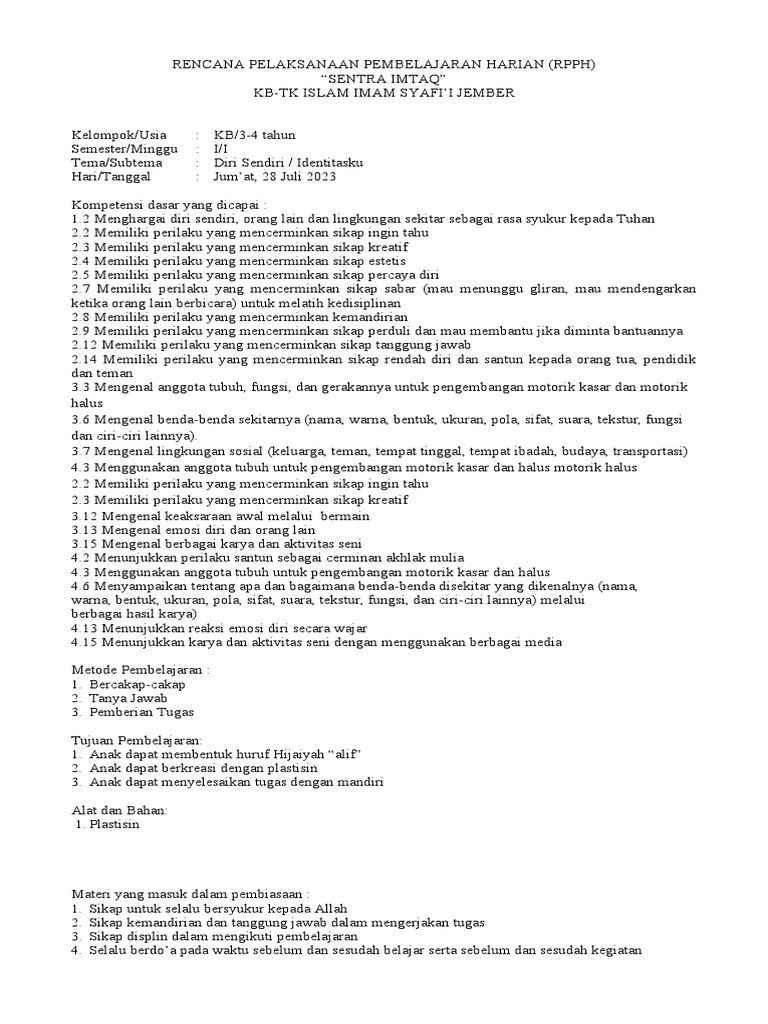 RPPH Sentra Imtaq KB-TK Islam | PDF