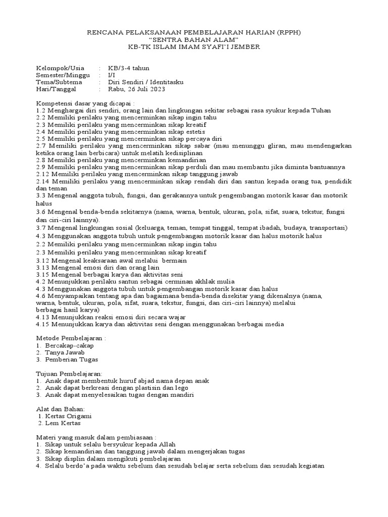 Rabu - Sentra Bahan Alam - KB (26 Juli 2023) | PDF