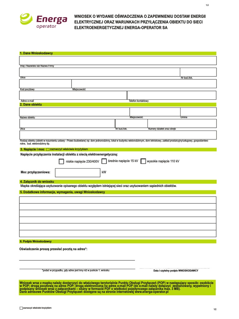 Wniosek o Wydanie Oswiadczenia o Zapewnieniu Dostaw Energii | PDF
