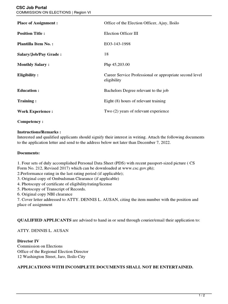 Election Officer III Salary and Application | PDF