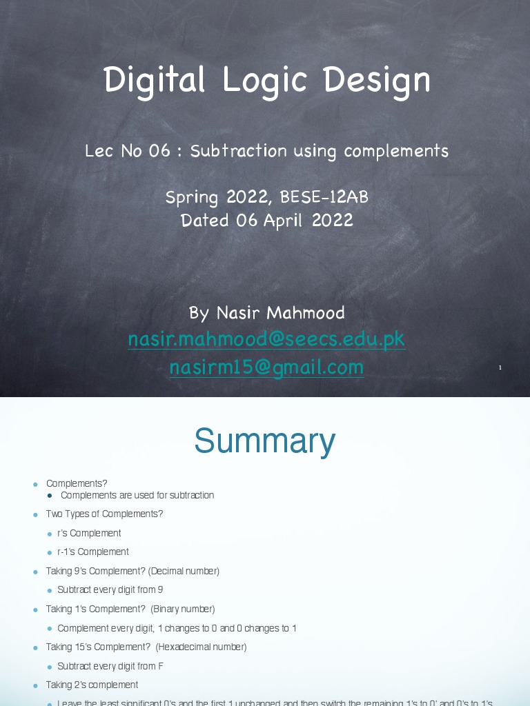 06 CALD Lec 06 Subtraction Using Complements Dated 06 Apr 2022 Lecture Slides | PDF ...