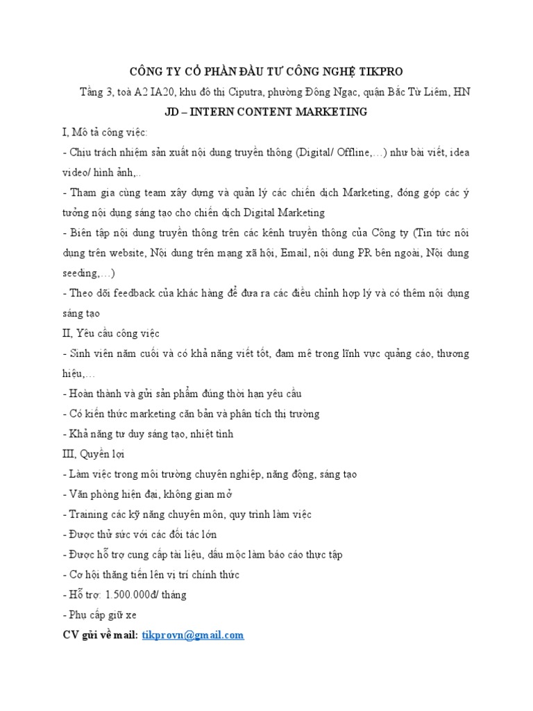 JD vị trí TTS Content Marketing | PDF