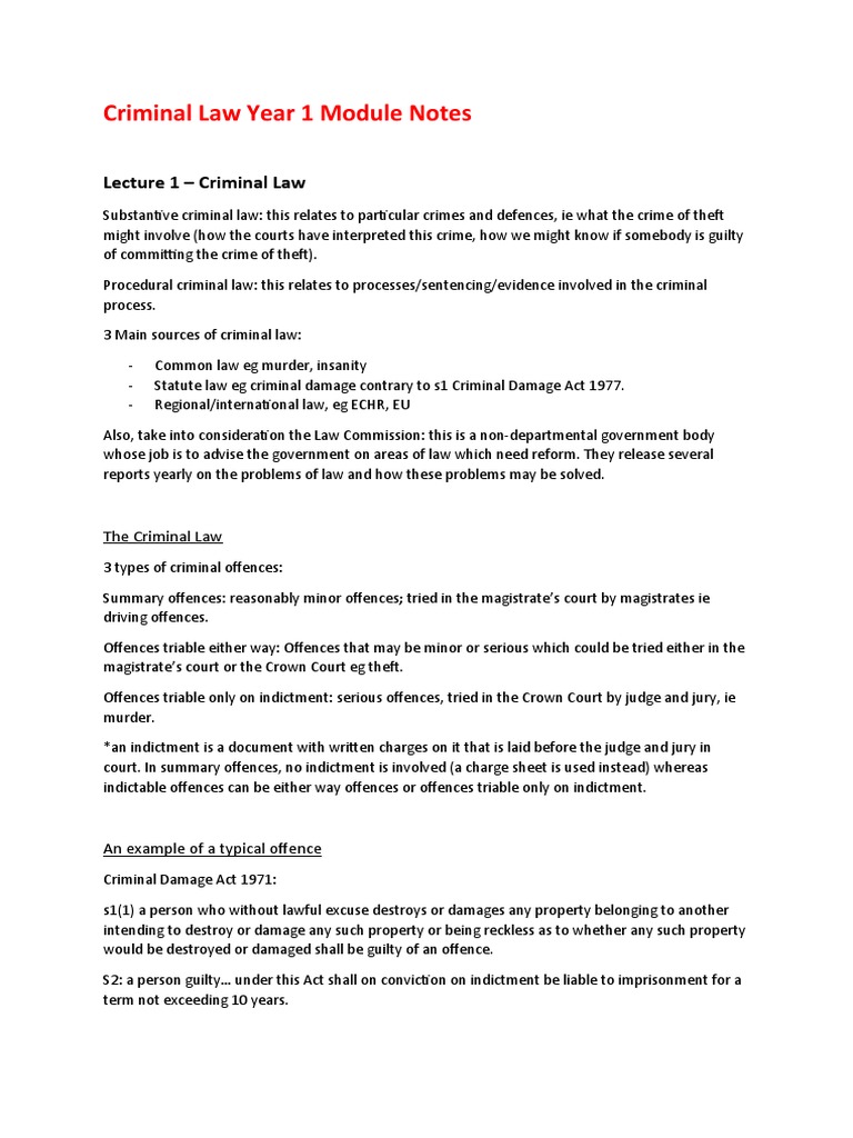 Criminal Law Year 1 Module Notes | PDF | Mens Rea | Prosecutor