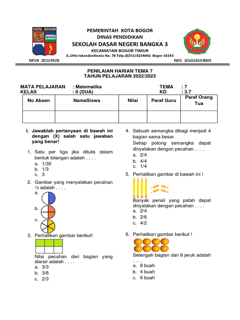 Soal PH MTK Tema 7 Kls 2 | PDF