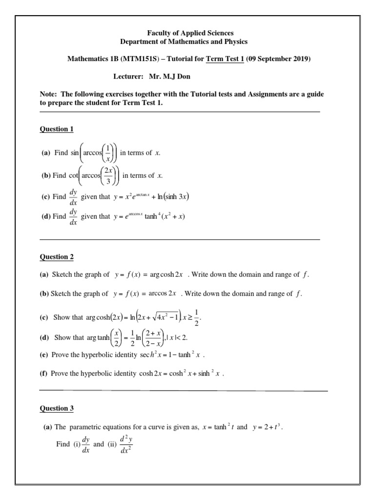 Mathematics 1B Tutorial Test 1 Guide | PDF