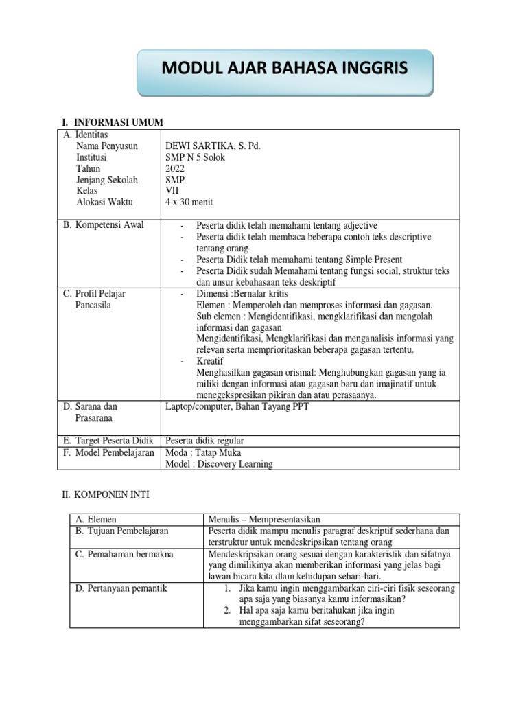 MODUL AJAR dESCRIBING PEOPLE (ADJECTIVE) PDF | PDF