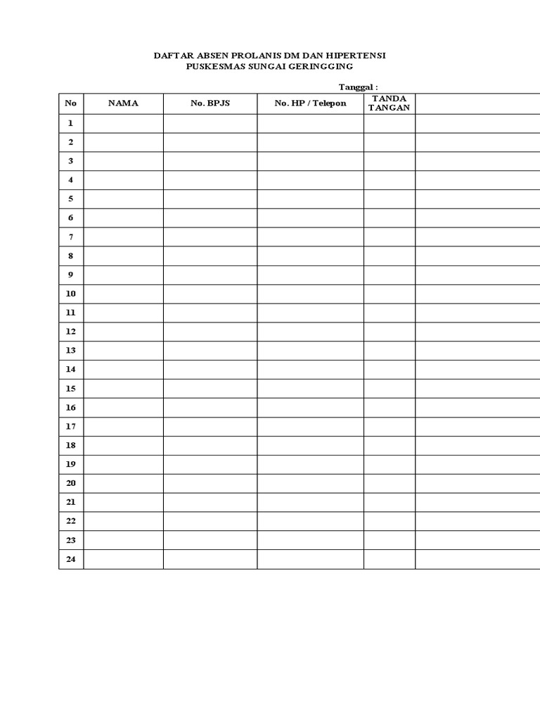 Daftar Absen Prolanis DM Dan Hipertensi | PDF