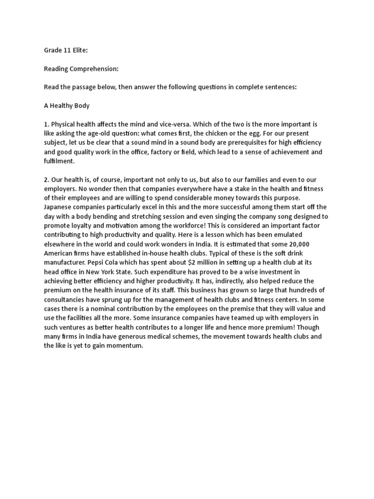 Grade 11 Elite - Reading Passage | PDF