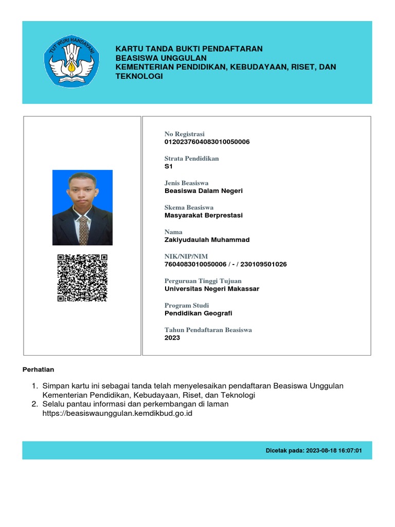 Kartu Pendaftaran Beasiswa Unggulan 2023 | PDF