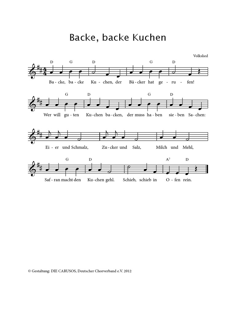 Notenblatt Backe Backe Kuchen | PDF