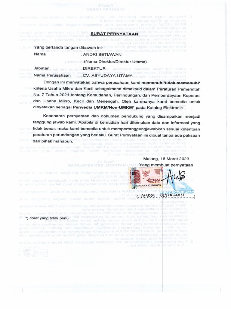 SURAT PERNYATAAN UKM 1 | PDF