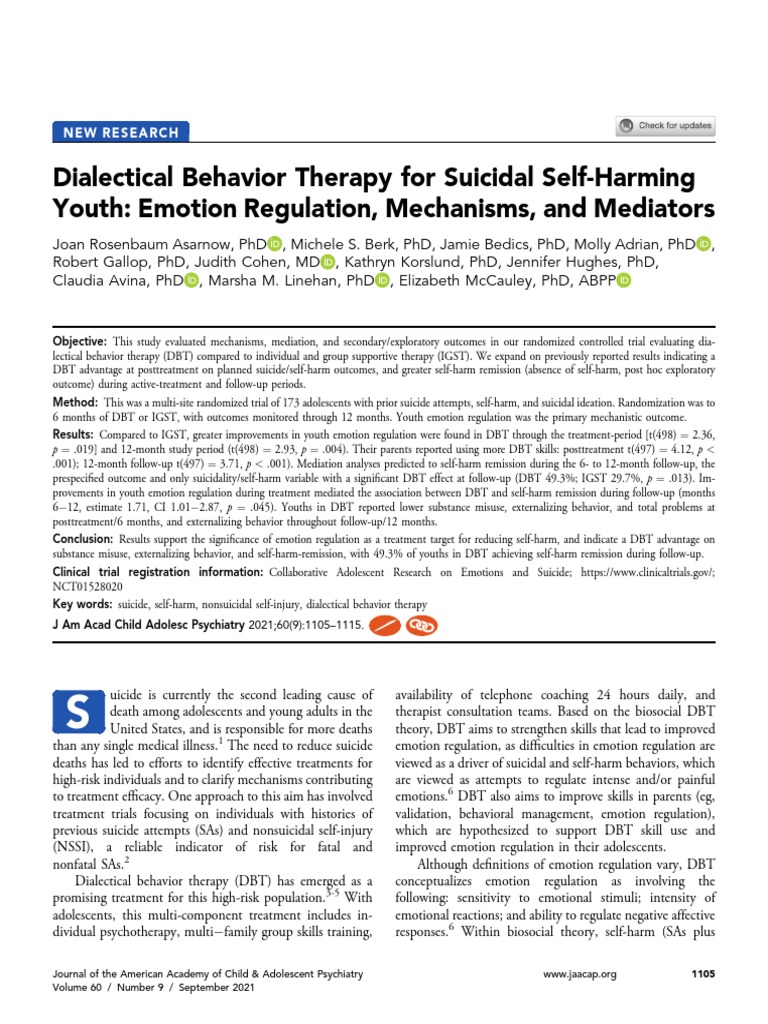 DBT for Suicidal Adolescents: Outcomes and Mechanisms | PDF ...