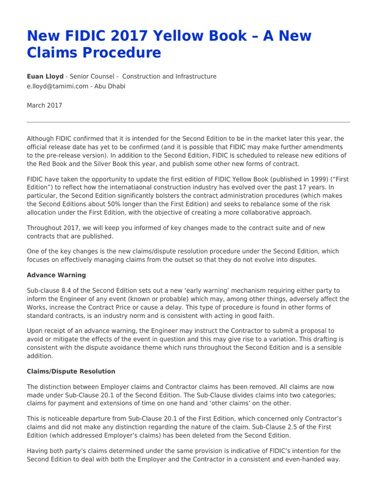 New FIDIC 2017 Yellow Book - A New Claims Procedure | PDF