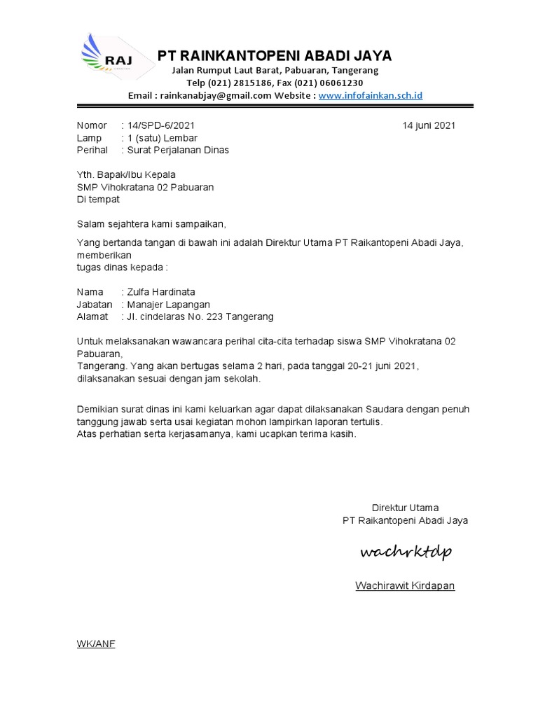 Surat Tugas Dinas Raikantopeni | PDF