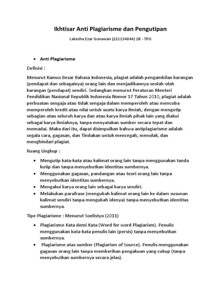 Ikhtisar Anti Plagiarisme Dan Pengutipan | PDF