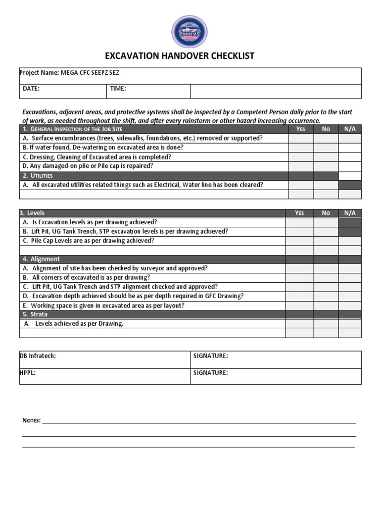 Excavation Handover Checklist | PDF