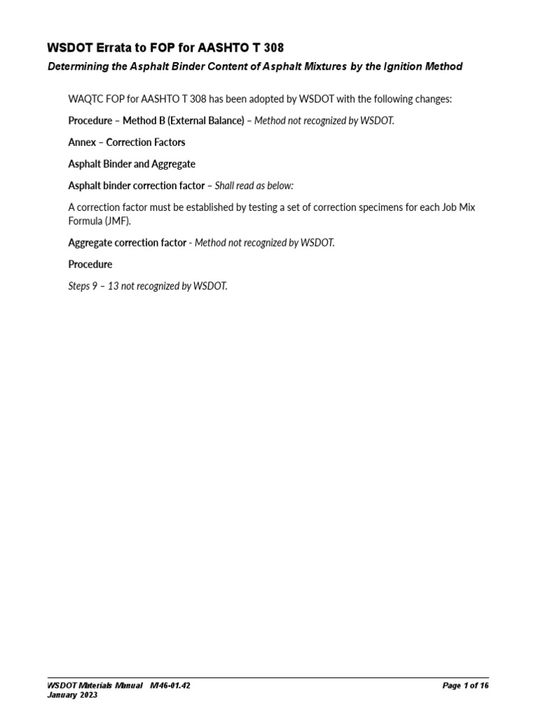 WSDOT Errata for AASHTO T 308 Methods | PDF
