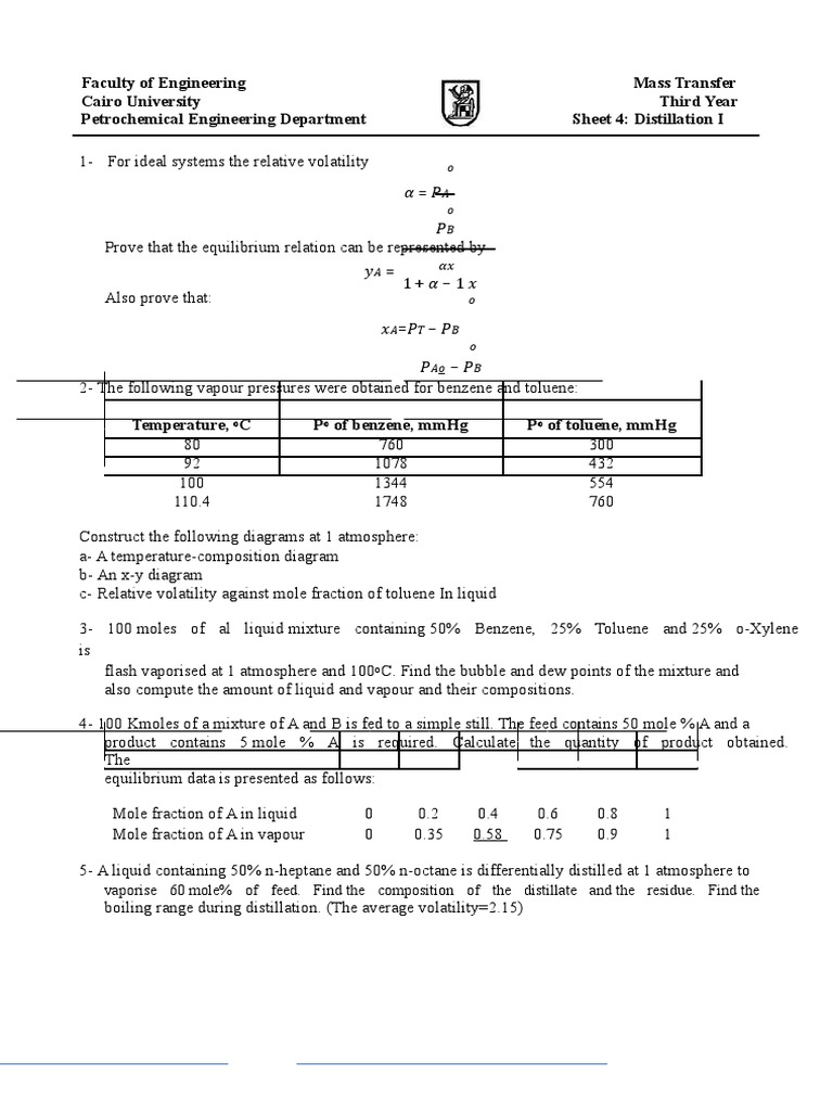 Sheet 5 Distillation I | Download Free PDF | Distillation | Applied And ...