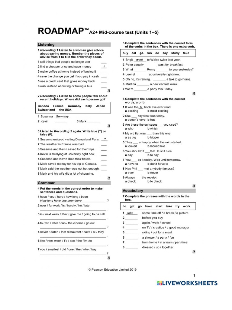 Roadmap A1 Mid Course Test | PDF