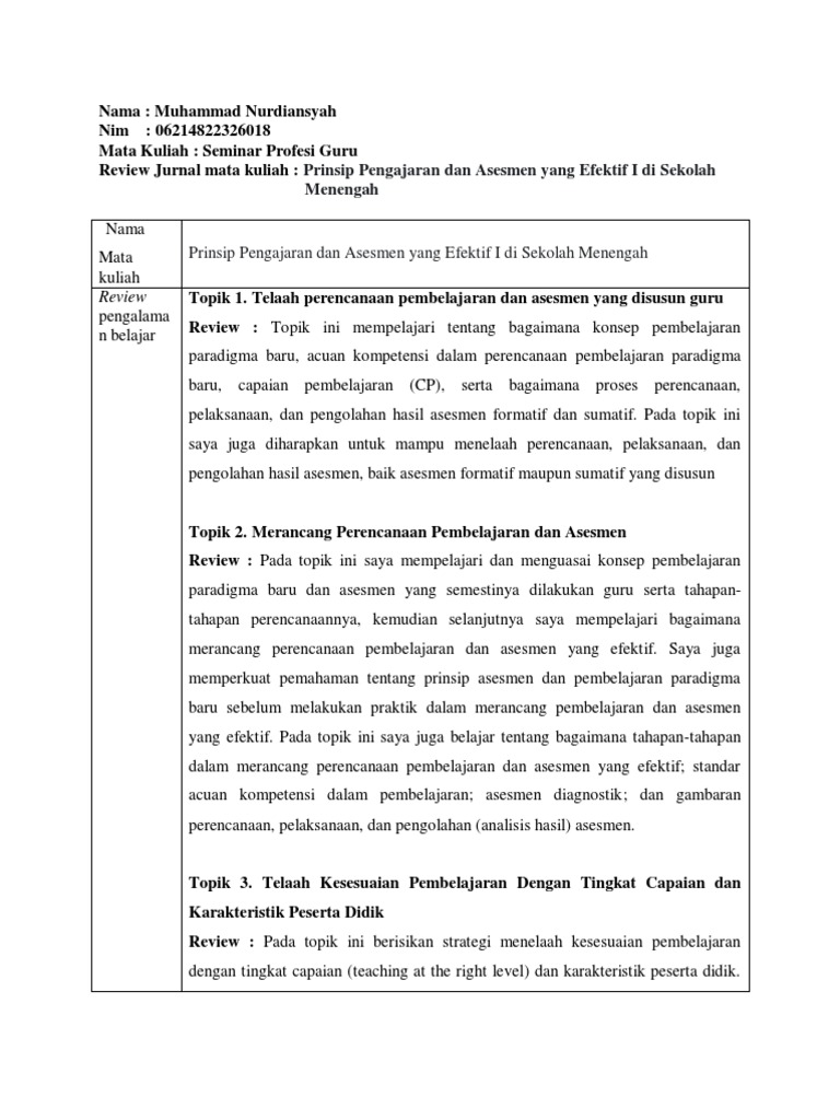 Jurnal Refleksi Muhammad Nurdiansyah Prinsip Pengajaran Dan Asesmen Yang Efektif I Di Sekolah ...