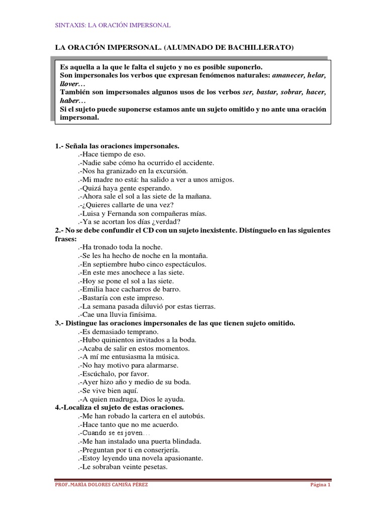 Oraciones Impersonales: Ejercicios y Análisis | PDF | Asunto (gramática)