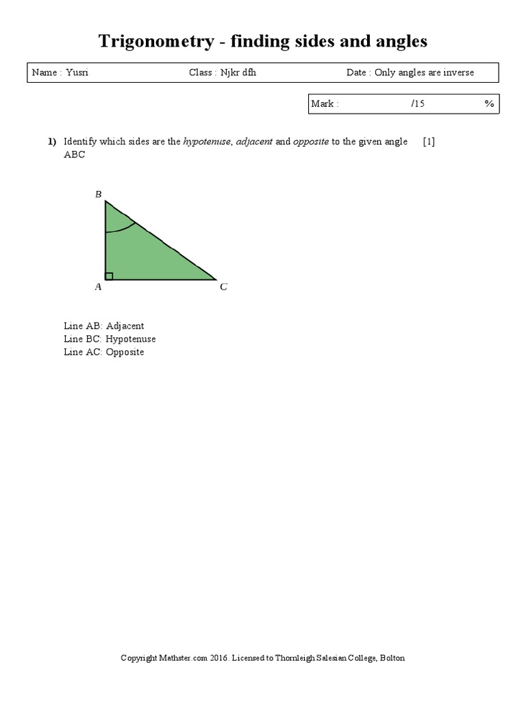 Trigonometry - Finding Sides and Angles - 1 | PDF | Triangle ...