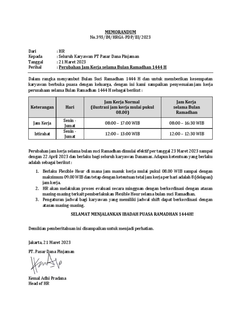 Penyesuaian Jam Kerja Ramadhan 2023 | PDF