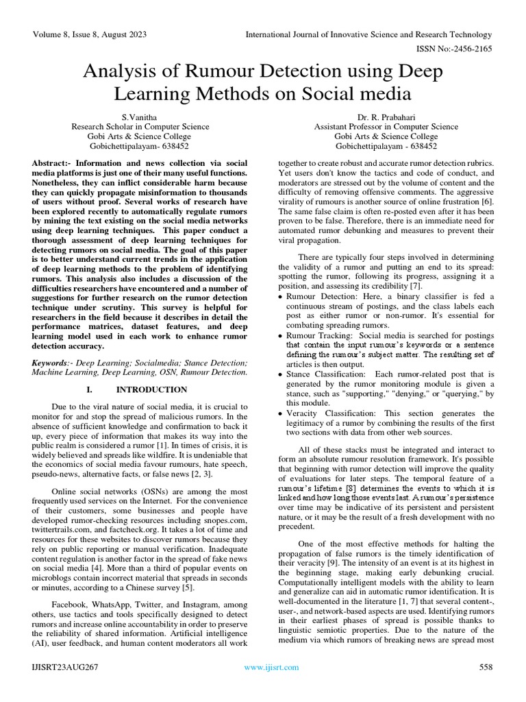 Analysis of Rumour Detection Using Deep Learning Methods On Social ... Analysis of Rumour Detection Using Deep Learning Methods On Social ...