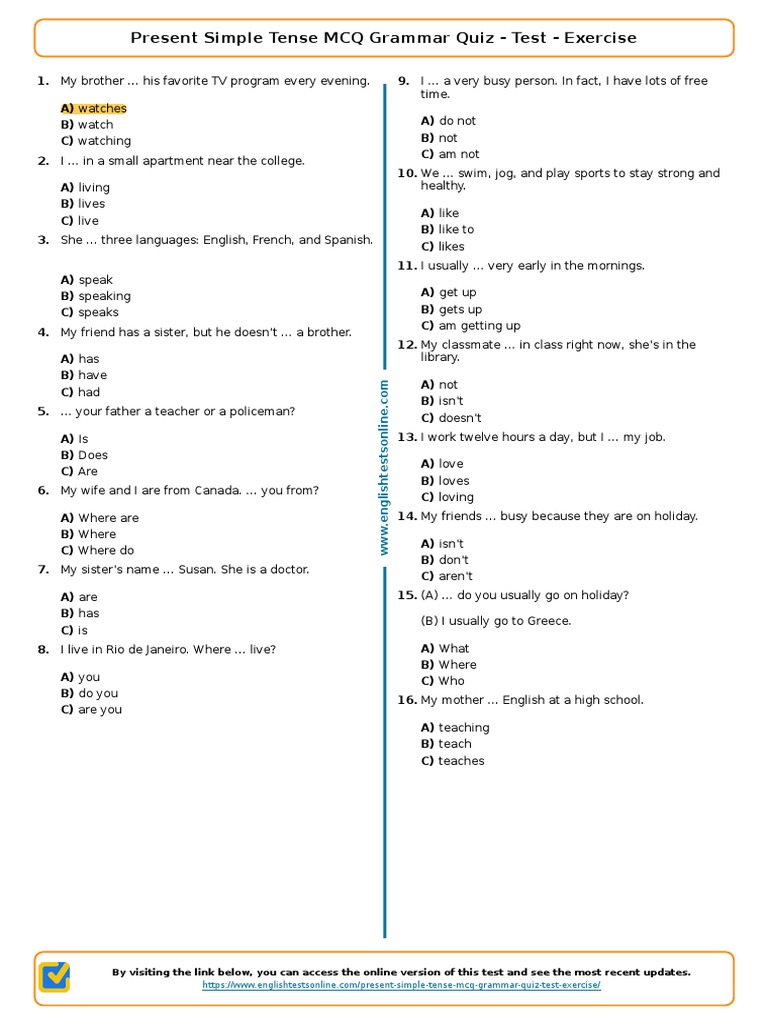 764 - Present Simple Tense MCQ Grammar Quiz Test Exercise | PDF ...
