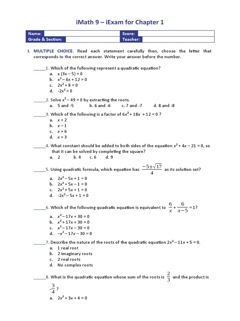 IMath 9 IExam Chapter 1 | PDF