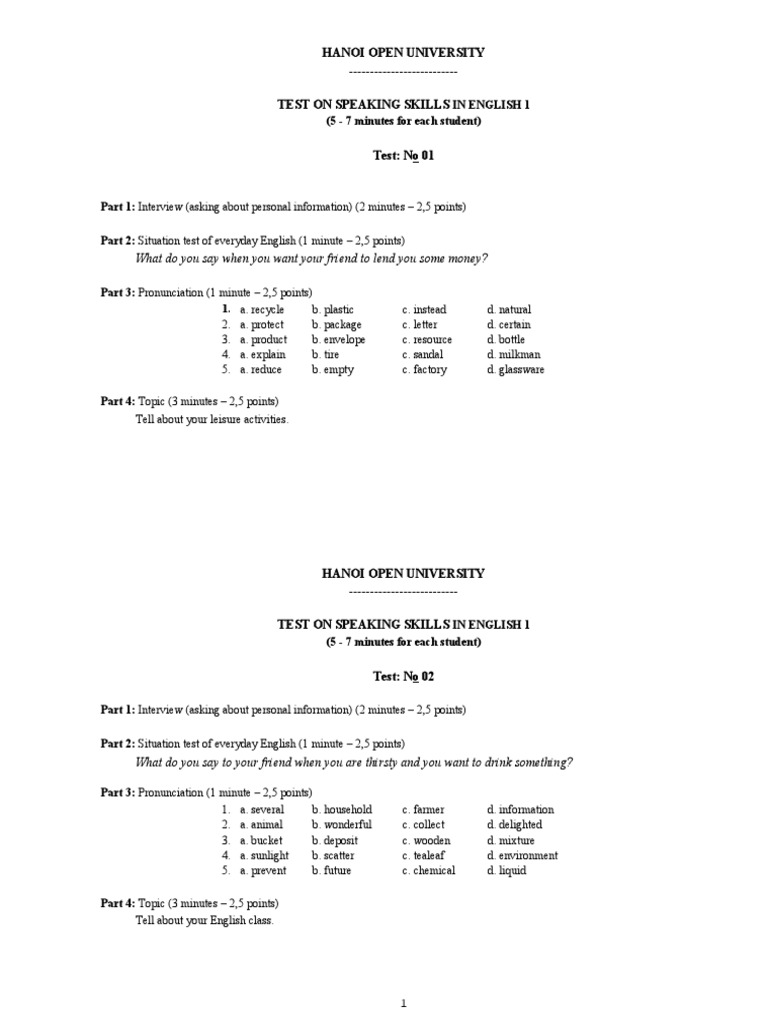 Anh Văn 1 - Speaking Test | PDF
