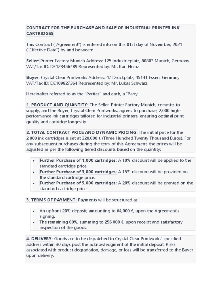 Contract For The Purchase and Sale of Industrial Printer Ink Cartridges ...