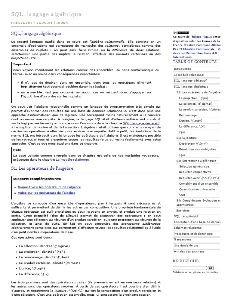 SQL, Langage Algébrique - Documentation Cours de Bases de Données Février 2023 | PDF