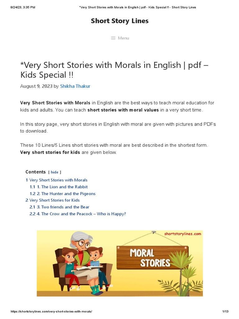 Very Short Stories With Morals in English - PDF - Kids Special !! - Short Story Lines | PDF