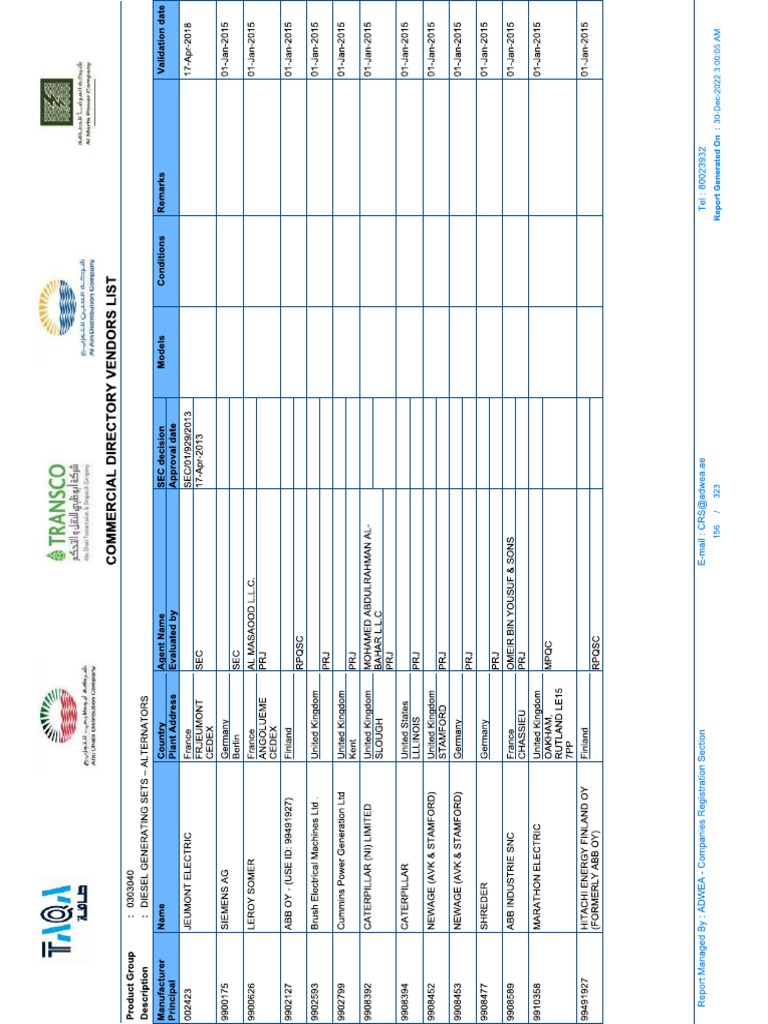 ADDC Vendor list for Diesel Generators | PDF