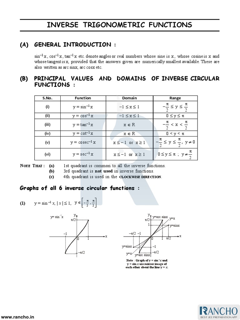 Inverse Trigonometric Functions - Chapter Notes | PDF | Trigonometric ...