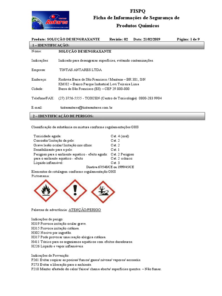 FISPQ Solucao Desengraxante ANTARES | PDF