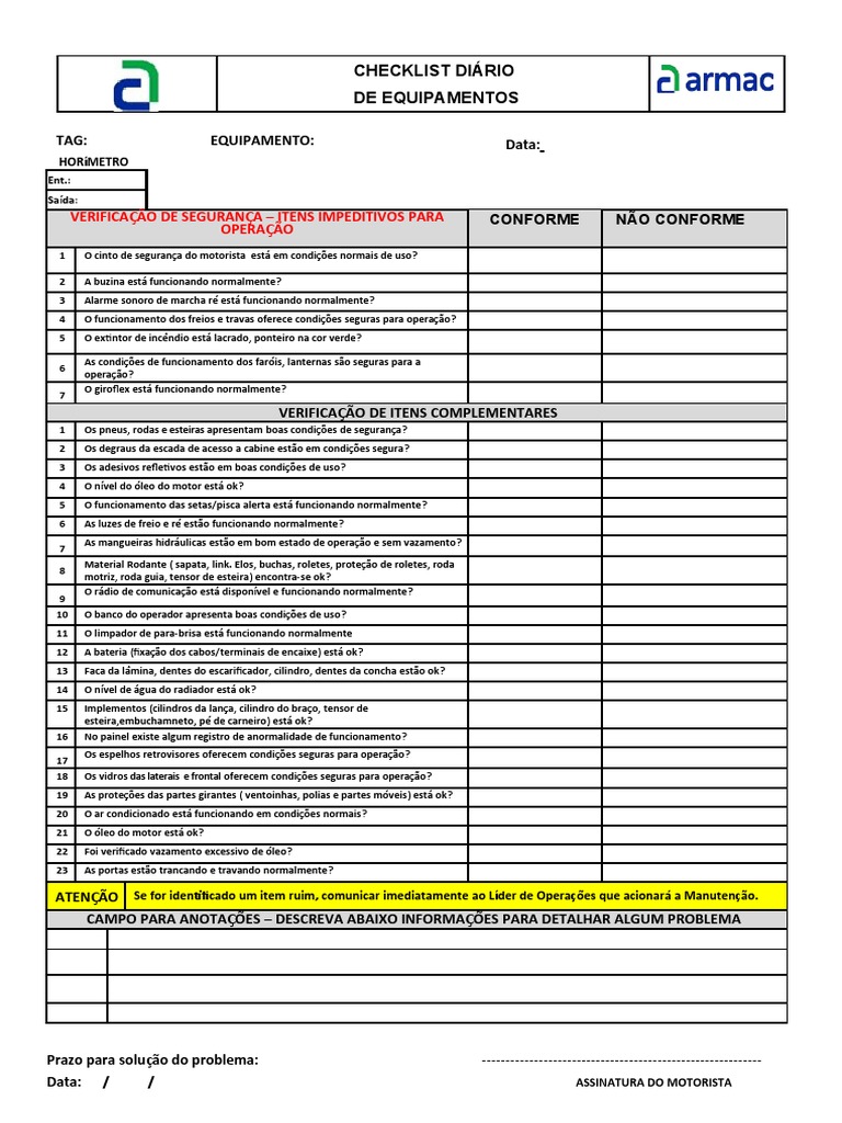 Checklist Diário Equipamnetos | PDF