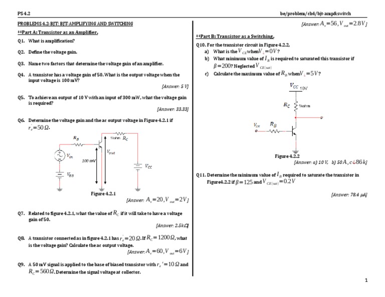 Problems 4.2-Bjt-Amplifying & Switch | PDF | Amplifier | Electricity