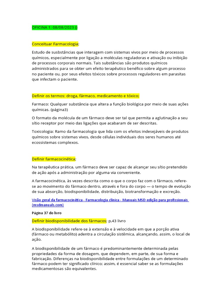 Oficina 1 | PDF | Biodisponibilidade | Farmacocinética