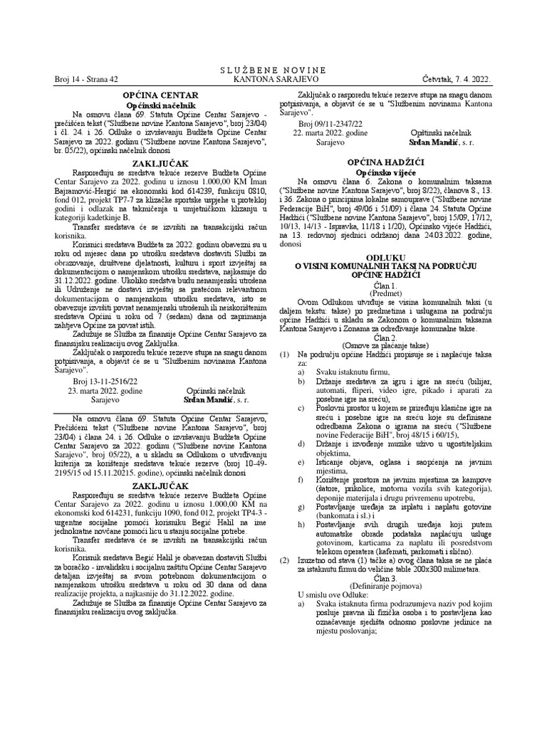 Komunalna Taksa Hadzici | PDF