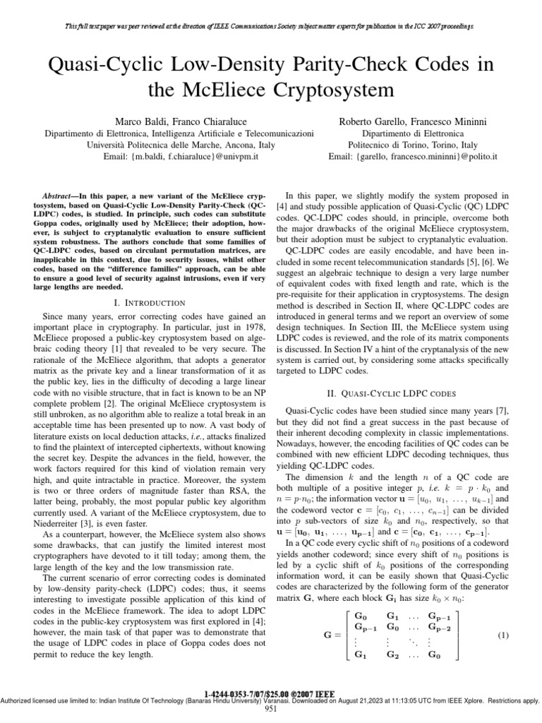 Quasi Cyclic Low Density Parity Check Codes In The Mceliece Cryptosystem Pdf Matrix