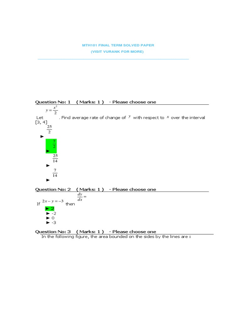 MTH101 New FINAL TERM SOLVED PAPER | PDF