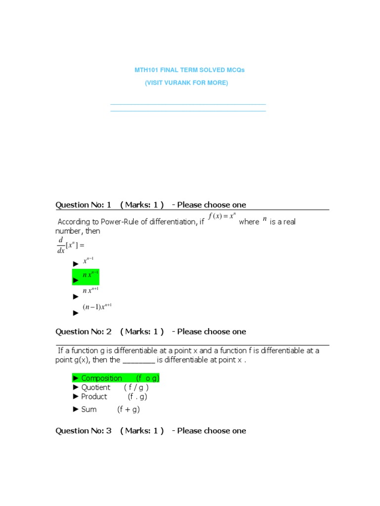 MTH101New101 FINAL TERM SOLVED MCQs | PDF MTH101New101 FINAL TERM SOLVED MCQs | PDF