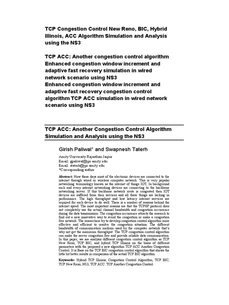 TCP Congestion Control NewReno, BIC, Hybrid Illinois, ACC Algorithm ... TCP Congestion Control NewReno, BIC, Hybrid Illinois, ACC Algorithm ...