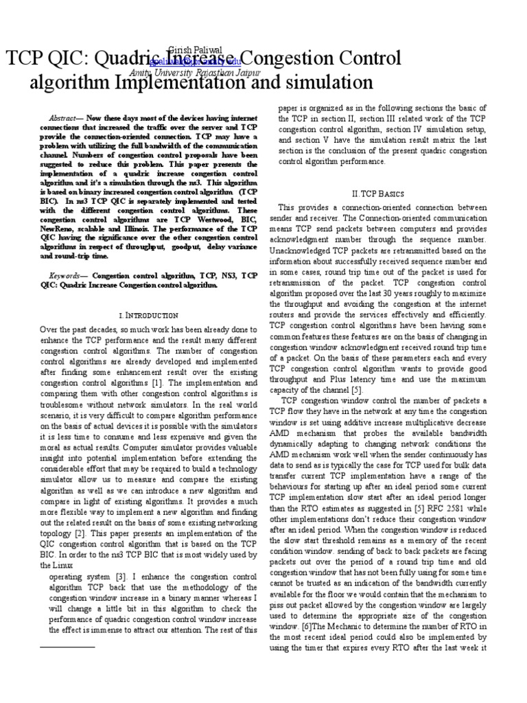 TCP QIC Quadric Increase Congestion Control Algorithm Implementation and Simulation | PDF ...