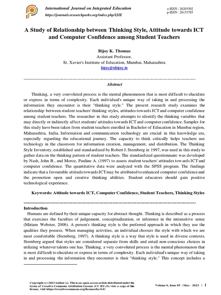 A Study of Relationship Between Thinking Style, Attitude Towards ICT ...
