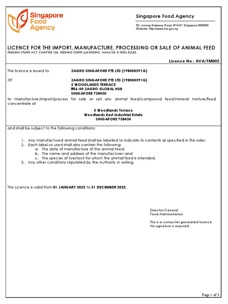 SFA License for Animal Feed Import | PDF | License | Meat