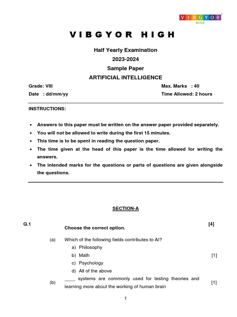 Cbse - GR - 8 - Ai Theory Half Yearly Sample Paper 23 24 | PDF