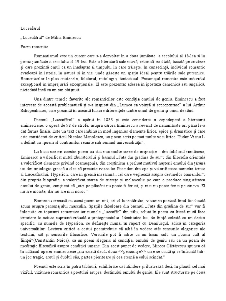 Luceafărul Mihai Eminescu Poem Romantic 2 Pdf